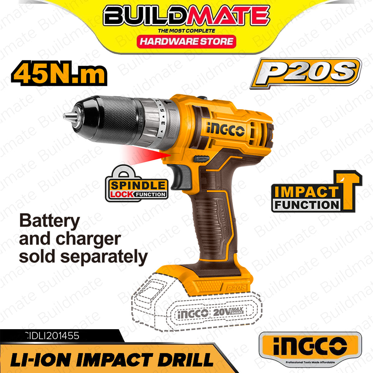 BUILDMATE Ingco 20V Cordless Impact Drill with Hammer Drilling & Screw ...