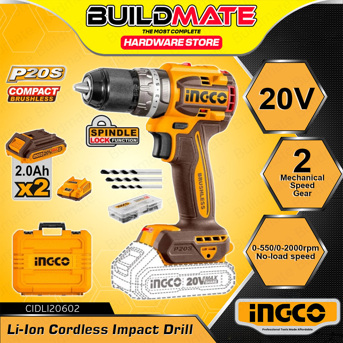 BUILDMATE Ingco 20V 2-Speed Li-Ion Brushless Compact Impact Drill with ...