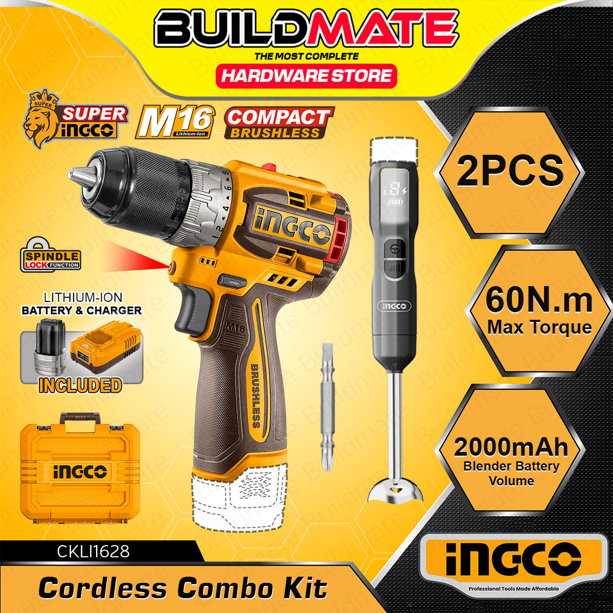 BUILDMATE Ingco 16V Combo Kit Set 2pcs / 3pcs Cordless Compact Drill H ...