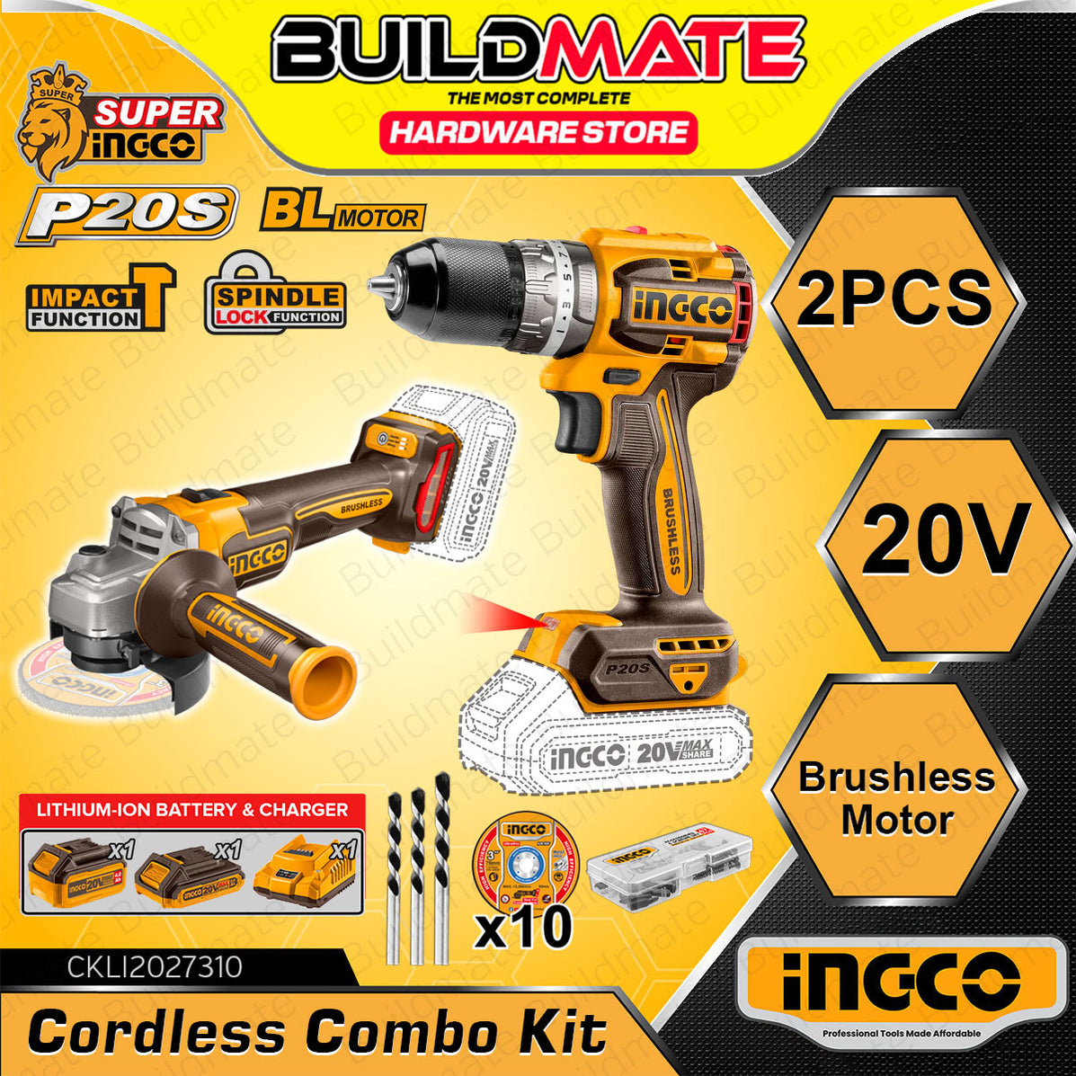 (EXCLUSIVE) BUILDMATE Ingco 2PCS Combo Kit Set 20V Angle Grinder & Cor ...