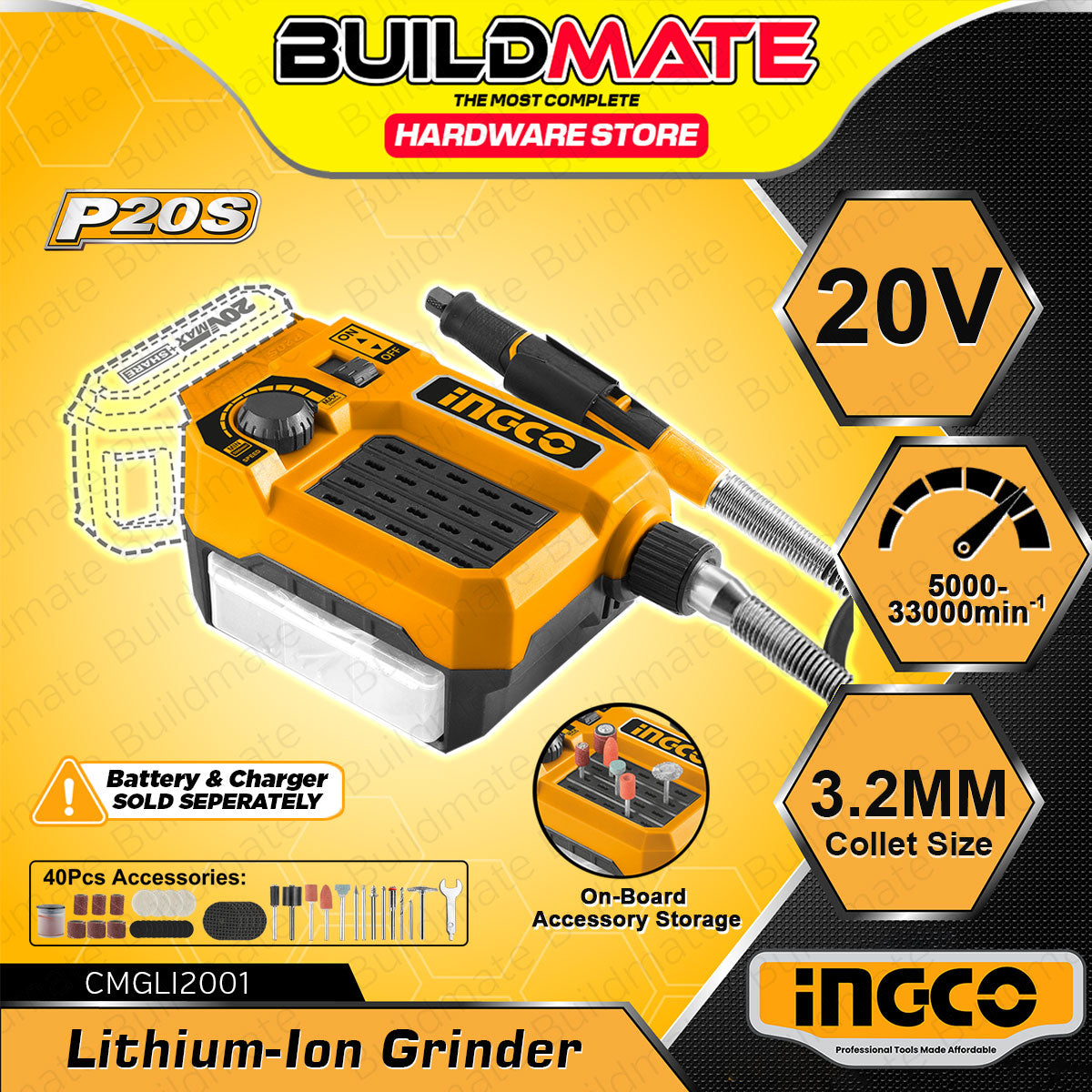 BUILDMATE Ingco Lithium-Ion Cordless 20V Grinder 5000-33000rpm Portabl ...
