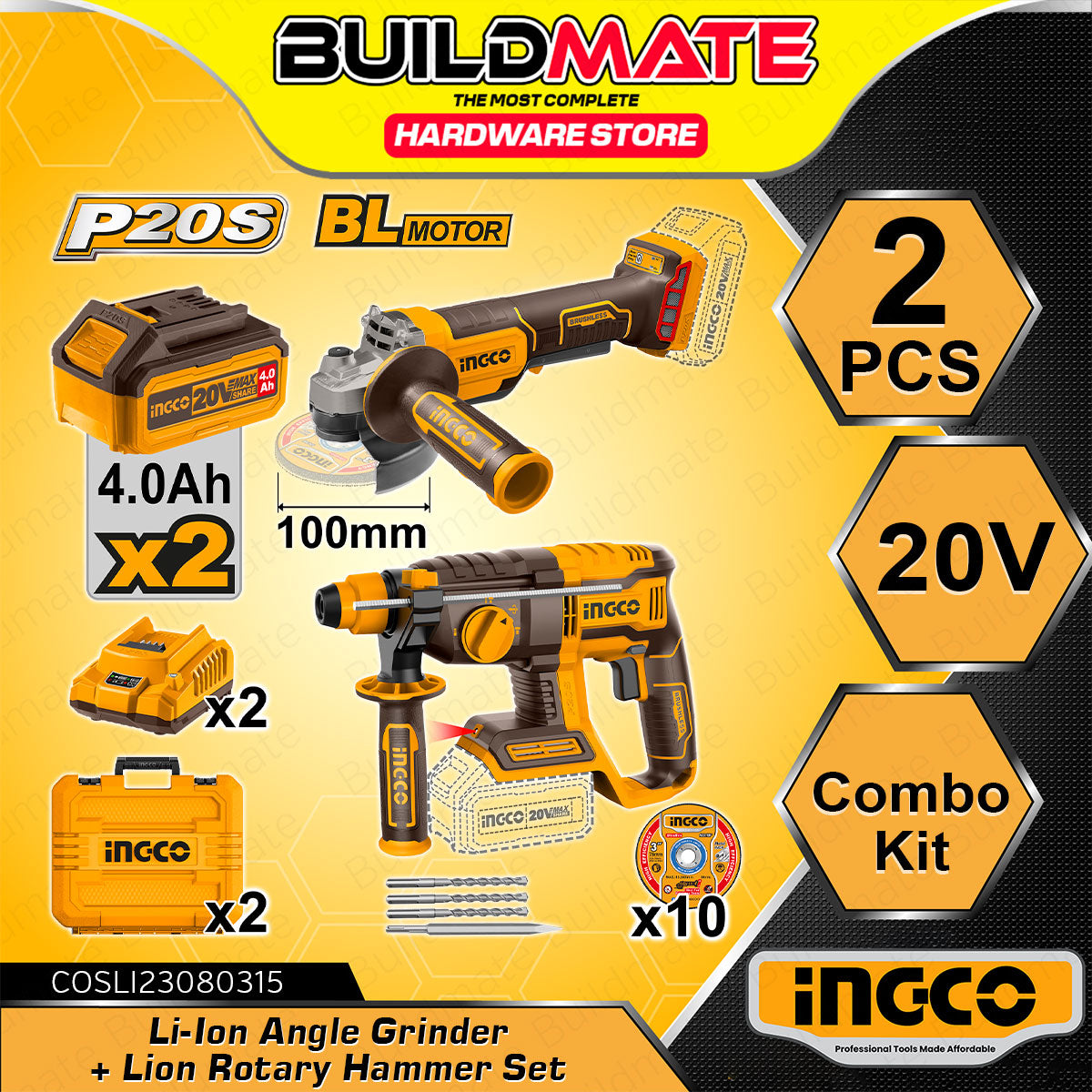 [EXCLUSIVE] BUILDMATE Ingco 2PCS Combo Kit Cordless Rotary Hammer with ...