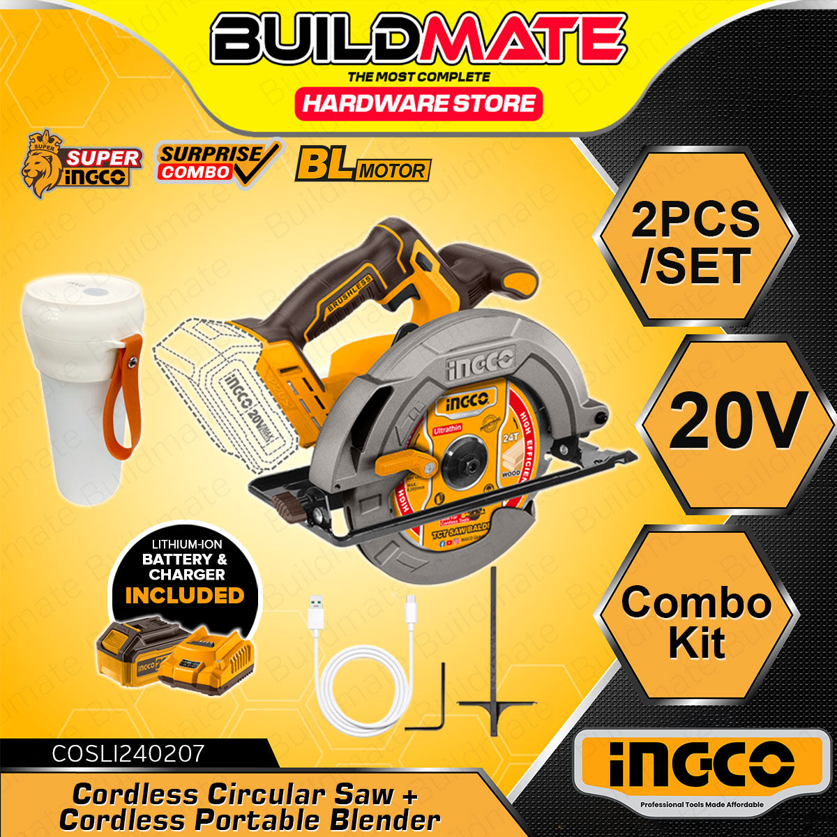 BUILDMATE Ingco 2pcs Lithium-Ion Cordless Combo Kit 20V Rechargeable P ...