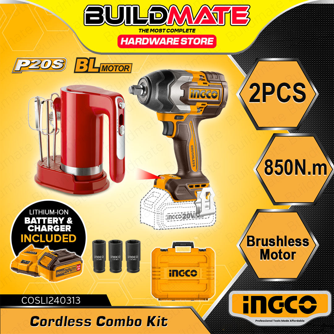 (EXCLUSIVE) BUILDMATE Ingco 2pcs Cordless Combo Kit 20V Brushless Impa ...