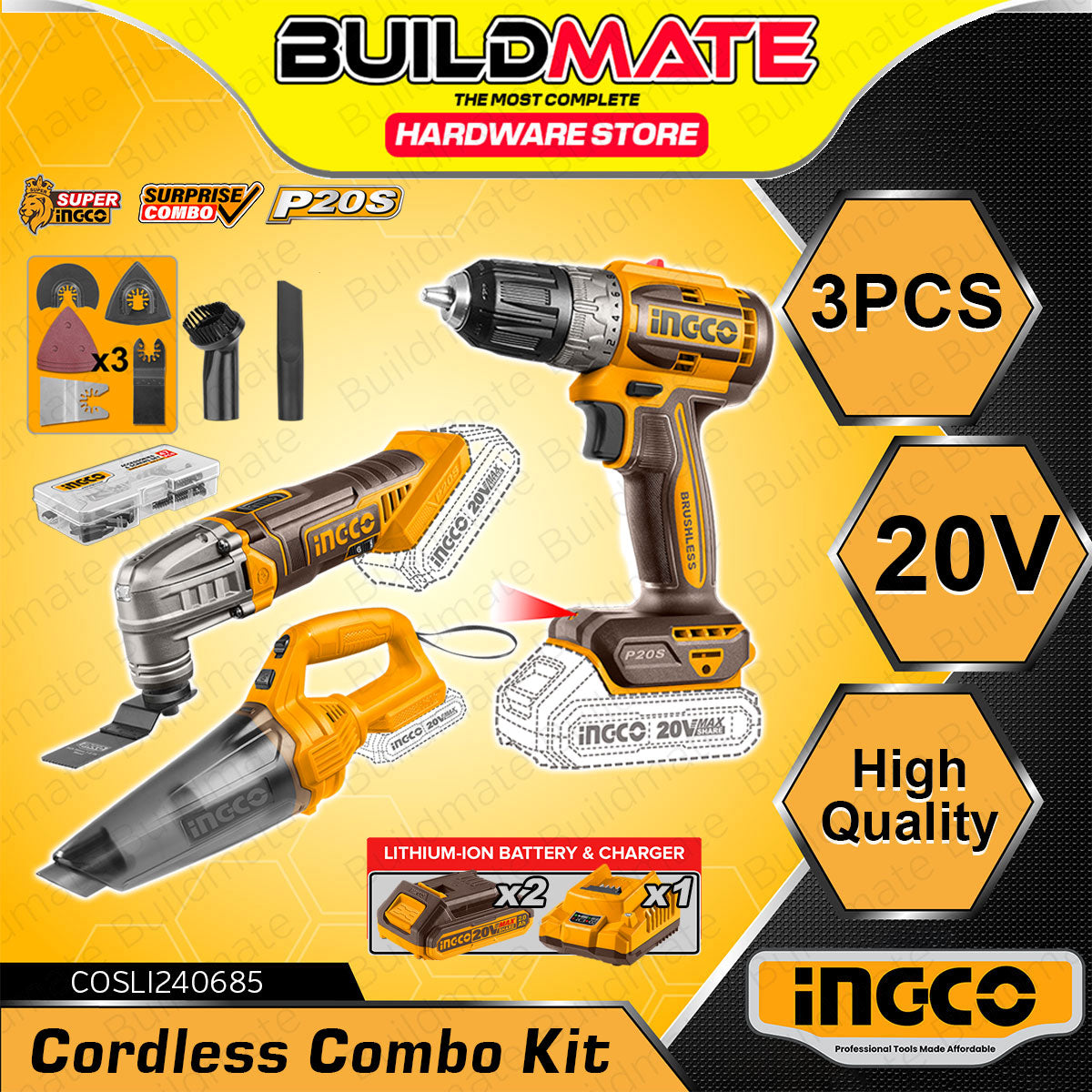 BUILDMATE Ingco 3pcs Cordless Combo Kit 20V Brushless Cordless Drill w ...