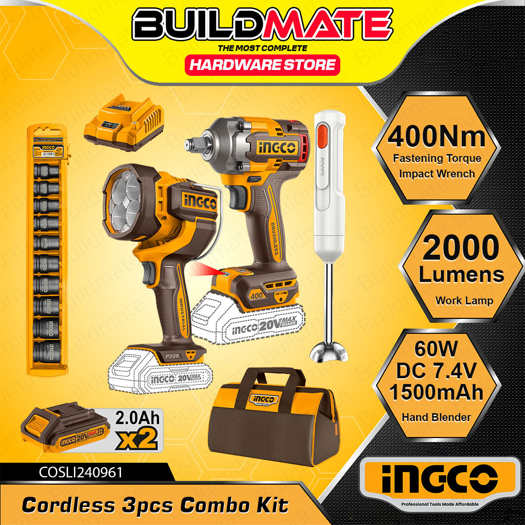 BUILDMATE Ingco 3pcs Cordless Combo Kit 400Nm Impact Wrench with 2000l ...