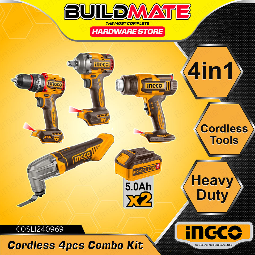 BUILDMATE Ingco 4pcs Cordless Combo Kit Brushless Impact Drill w/ Impa ...