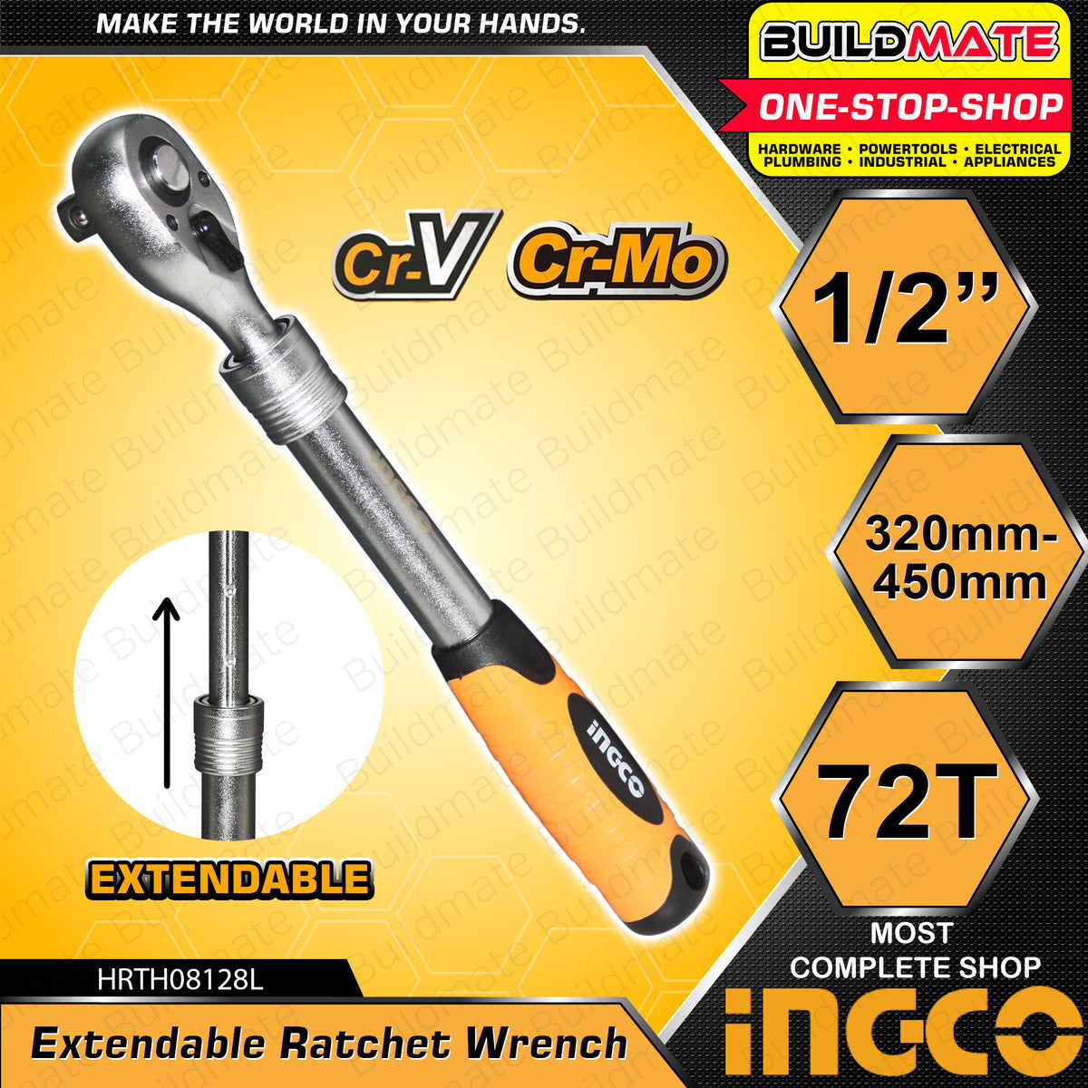 BUILDMATE Ingco Extendable Ratchet Wrench 1/2" Inch 72T Reversible Rat ...