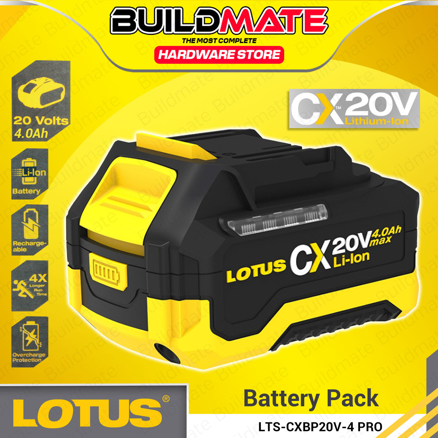 BUILDMATE Lotus 20V Max Lithium-Ion Battery Pack 2.0Ah / 4.0Ah Recharg ...