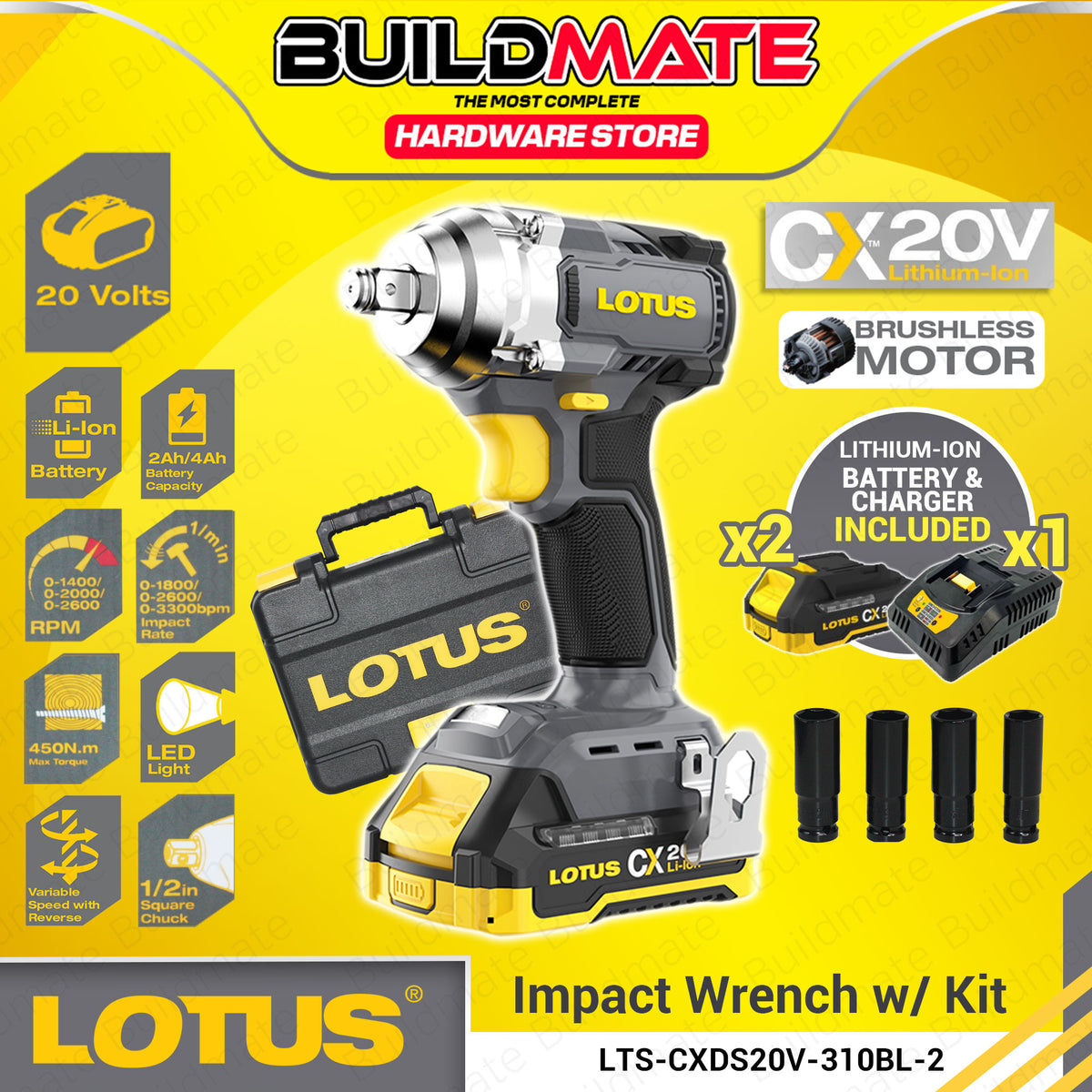 BUILDMATE Lotus 20V Max Lithium-Ion Cordless Brushless Impact Wrench 4 ...