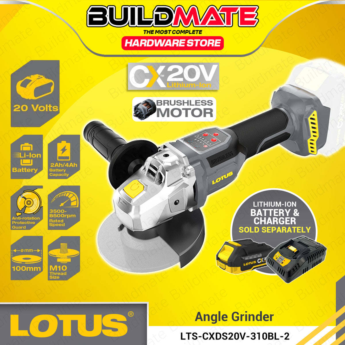 BUILDMATE Lotus Lithium-Ion Cordless Brushless Angle Grinder 20V Grind ...