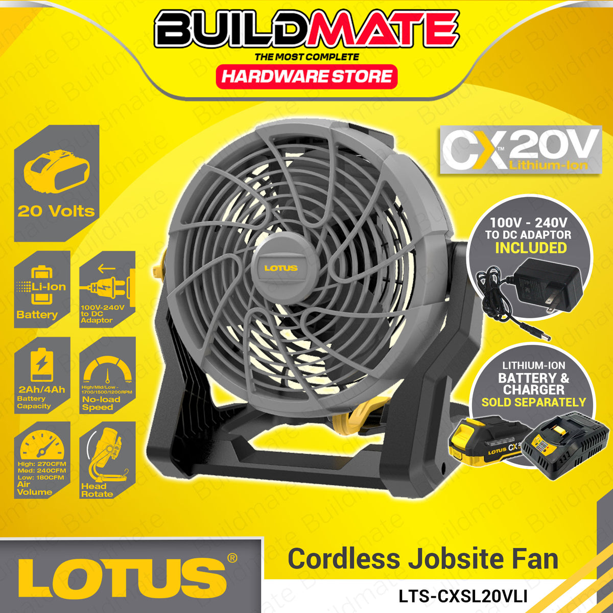 BUILDMATE Lotus 20V Max Lithium-Ion Cordless Jobsite Fan Rotatable Hea ...