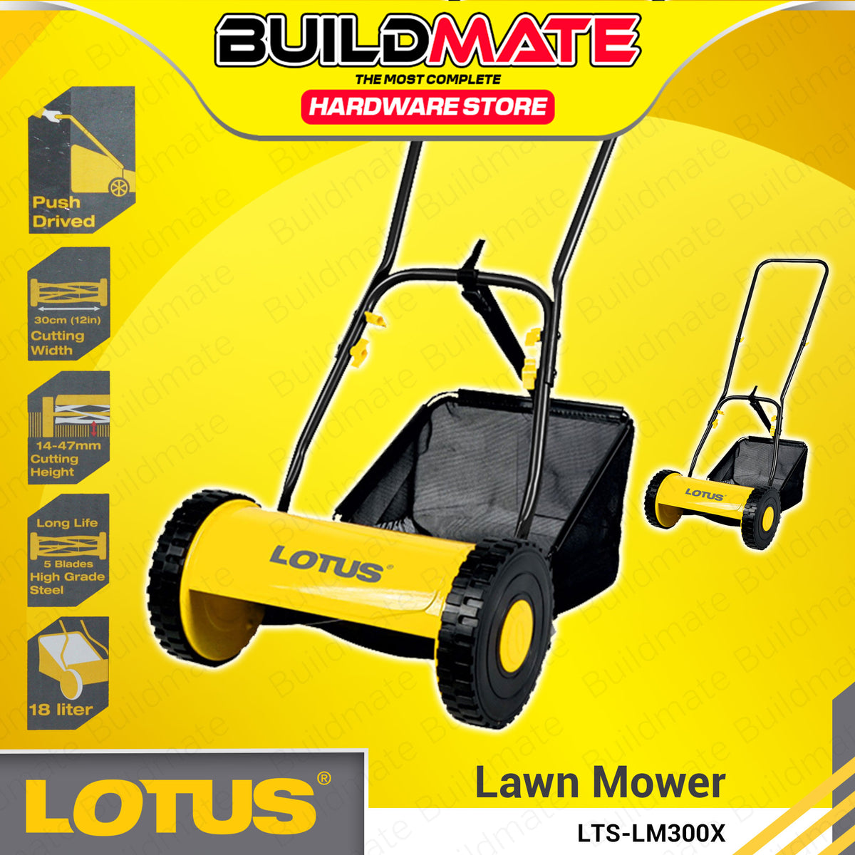 BUILDMATE Lotus Grass Push Garden Lawn Mower 12" Inch Manual Hand Push ...