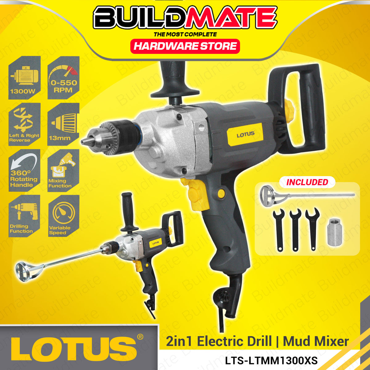 BUILDMATE Lotus 2in1 Mud Mixer / Electric Drill 1300W with Variable Sp ...