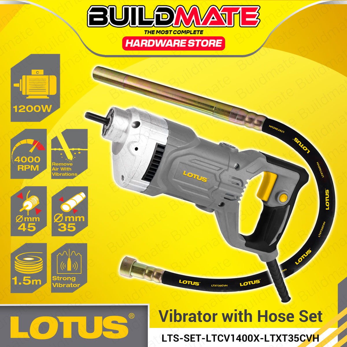 (SET) BUILDMATE Lotus 1400W Concrete Vibrator Mixer with 1.5m Vibrator ...