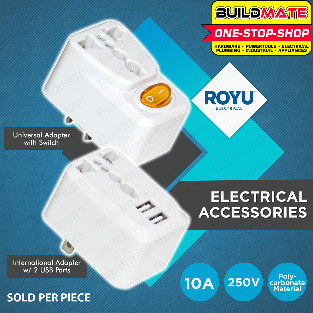 BUILDMATE Royu 10A 250V Universal Adapter Outlet With 2 USB Charger Sw ...