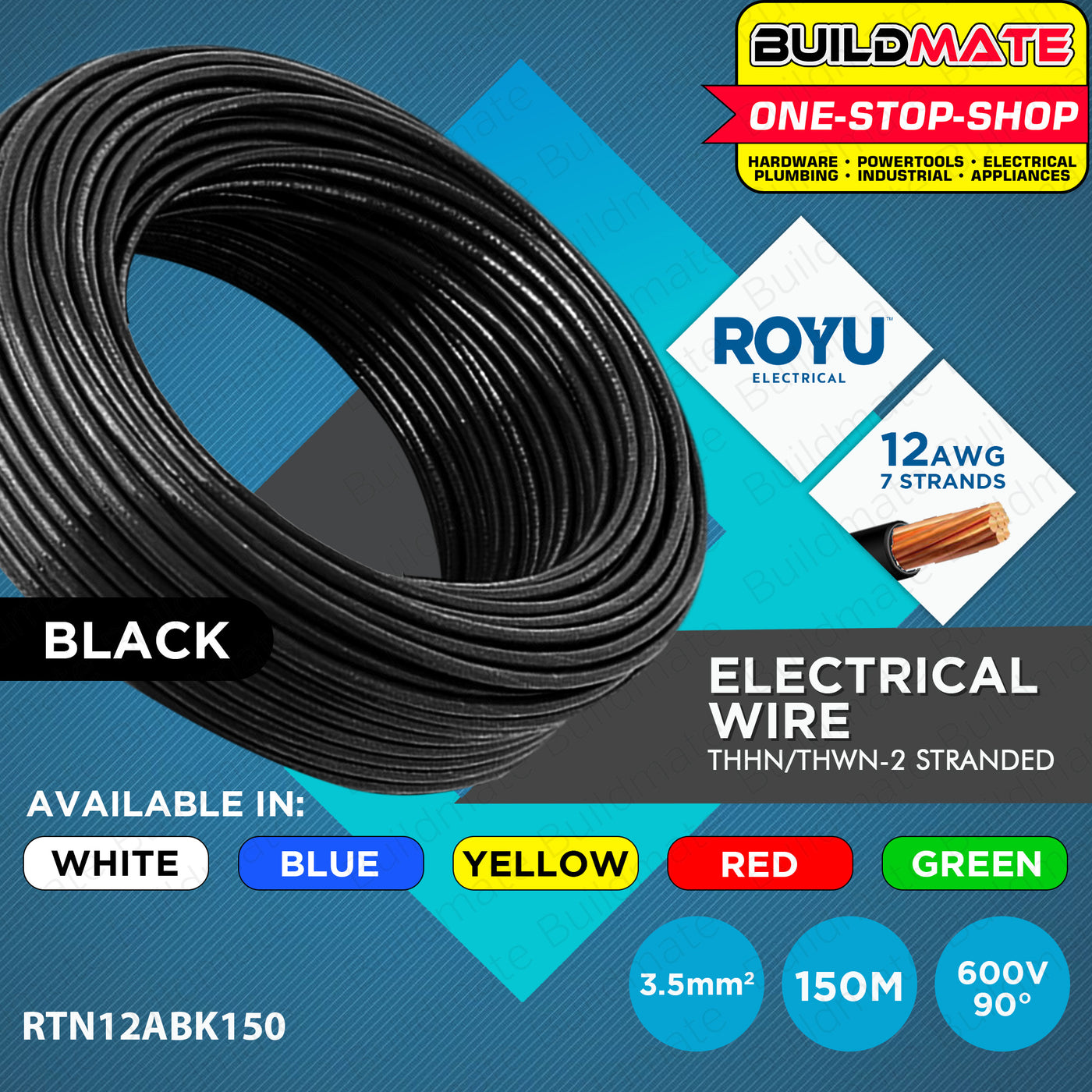 BUILDMATE Royu THHN / THWN-2 Stranded Wire Gauge #12 AWG 3.5mm2 150 Me ...