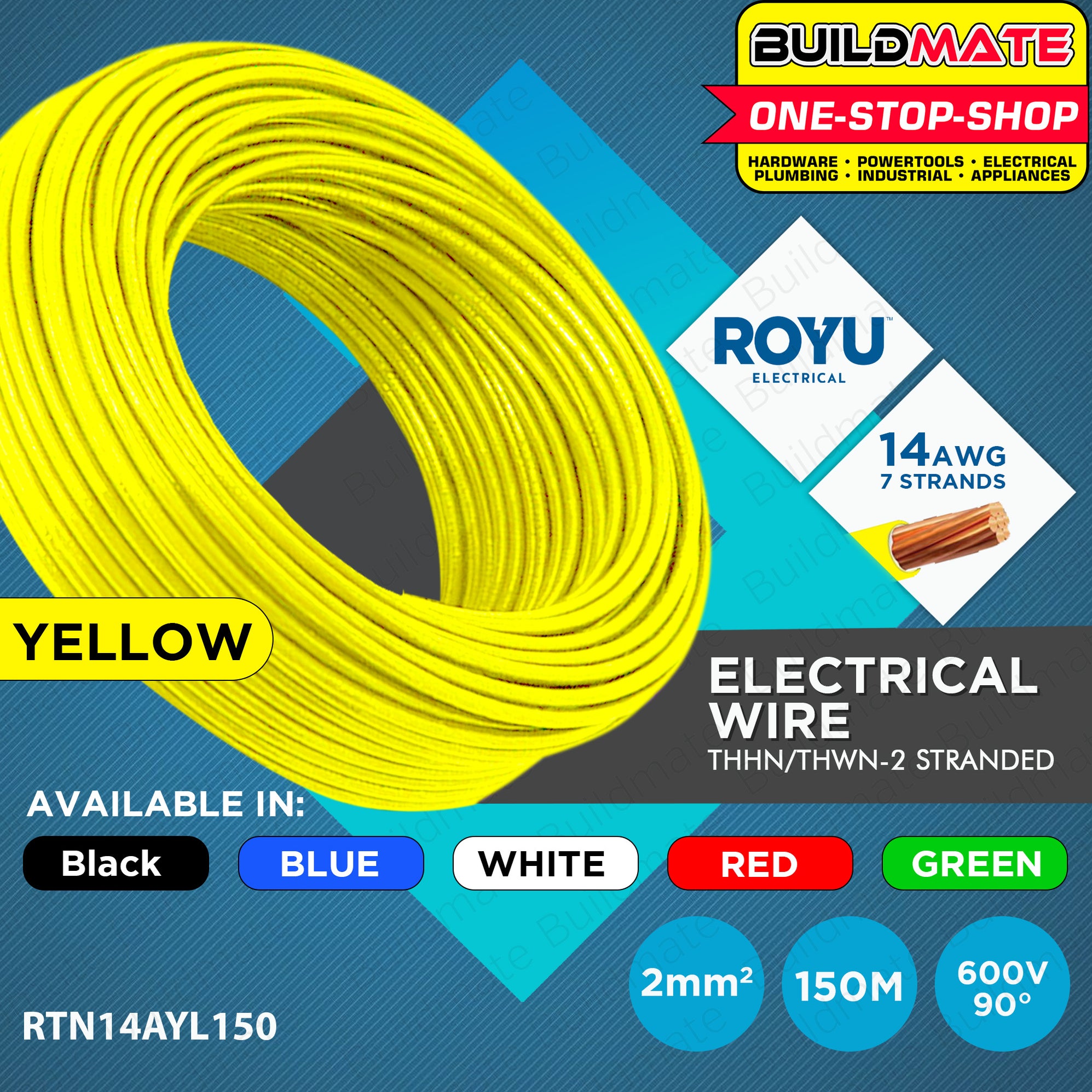BUILDMATE Royu THHN / THWN-2 Stranded Wire Gauge #14 AWG 2.0mm2 150 Me ...