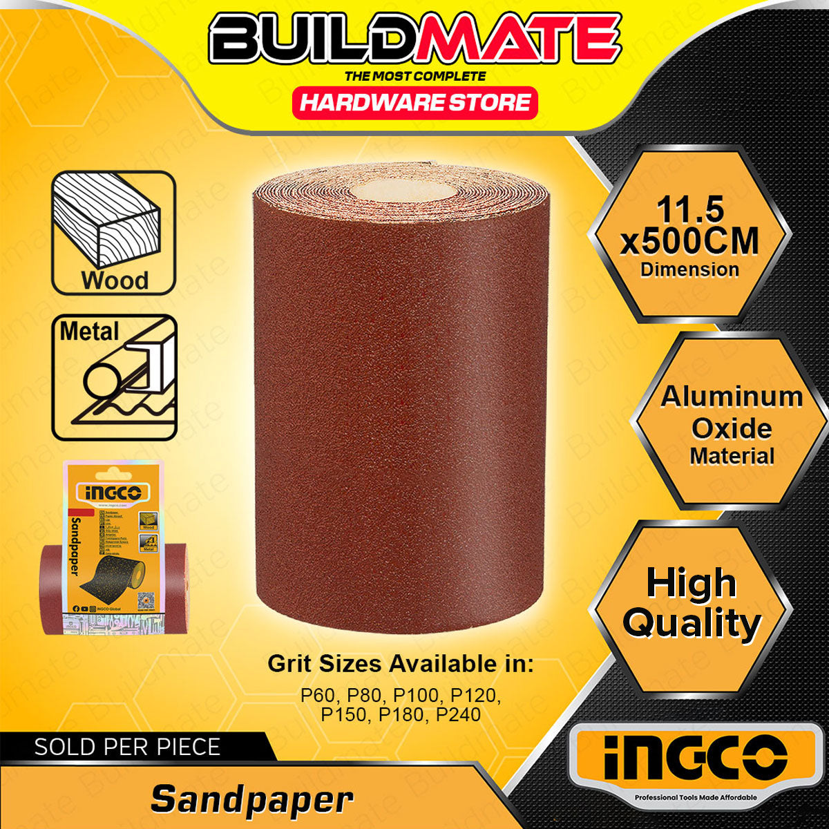 BUILDMATE Ingco Sandpaper Grit 11.5x500cm Aluminum Oxide Abrasive Fini ...
