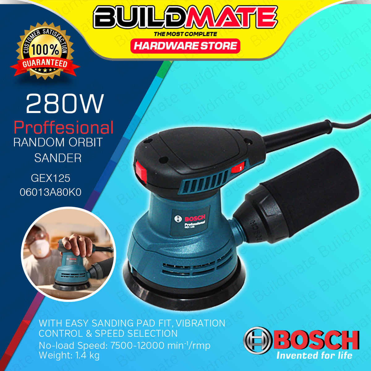 BUILDMATE Bosch 280W 125mm Electric Random Orbital Sander Wood Finishi — Buildmate