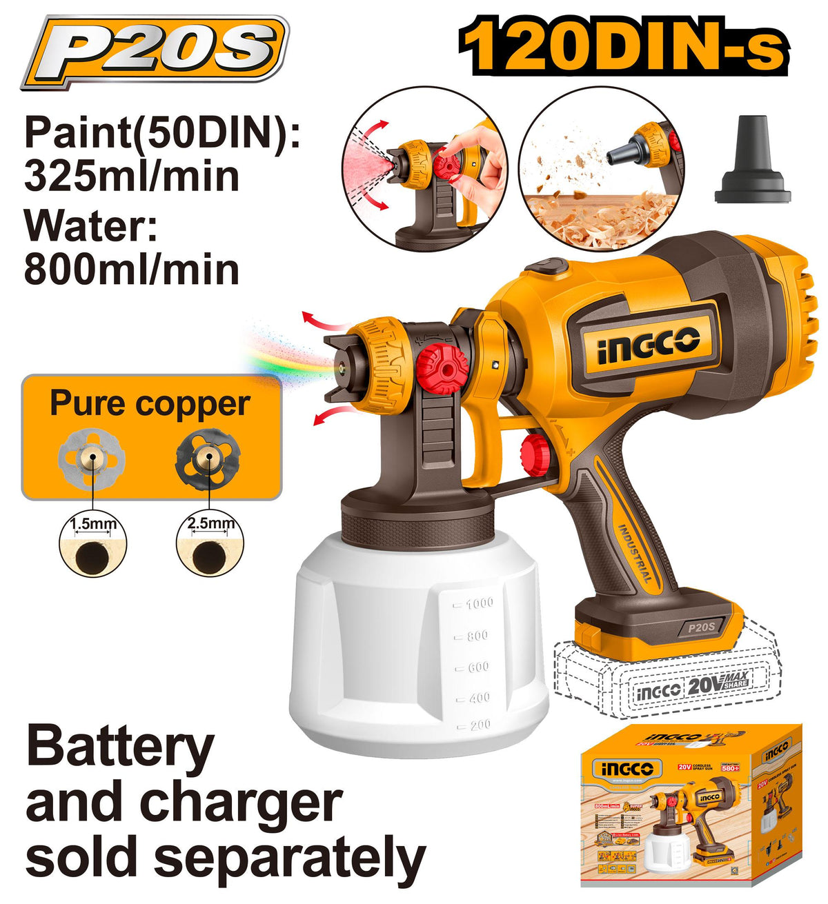 INGCO 20V Cordless Spray Gun Set and Unit Only for Efficient Spraying ...