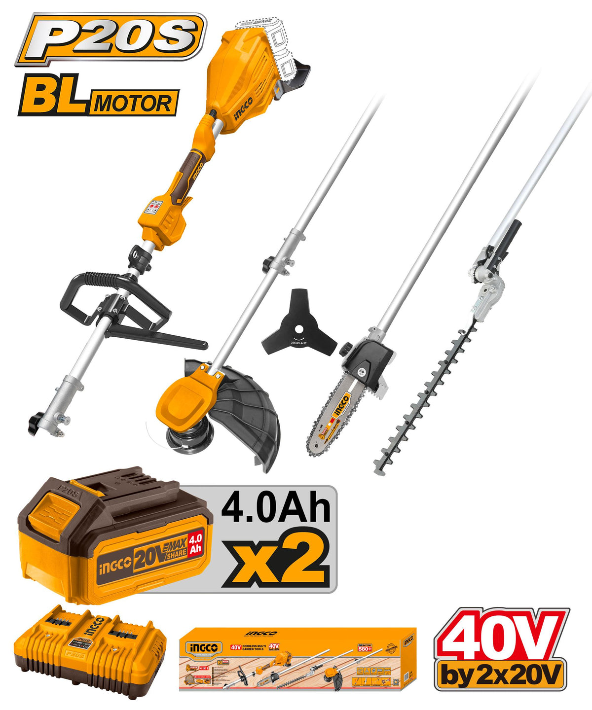 INGCO 40V Cordless Multi-Garden Tools | Grass Trimmer, Brush Cutter, P ...