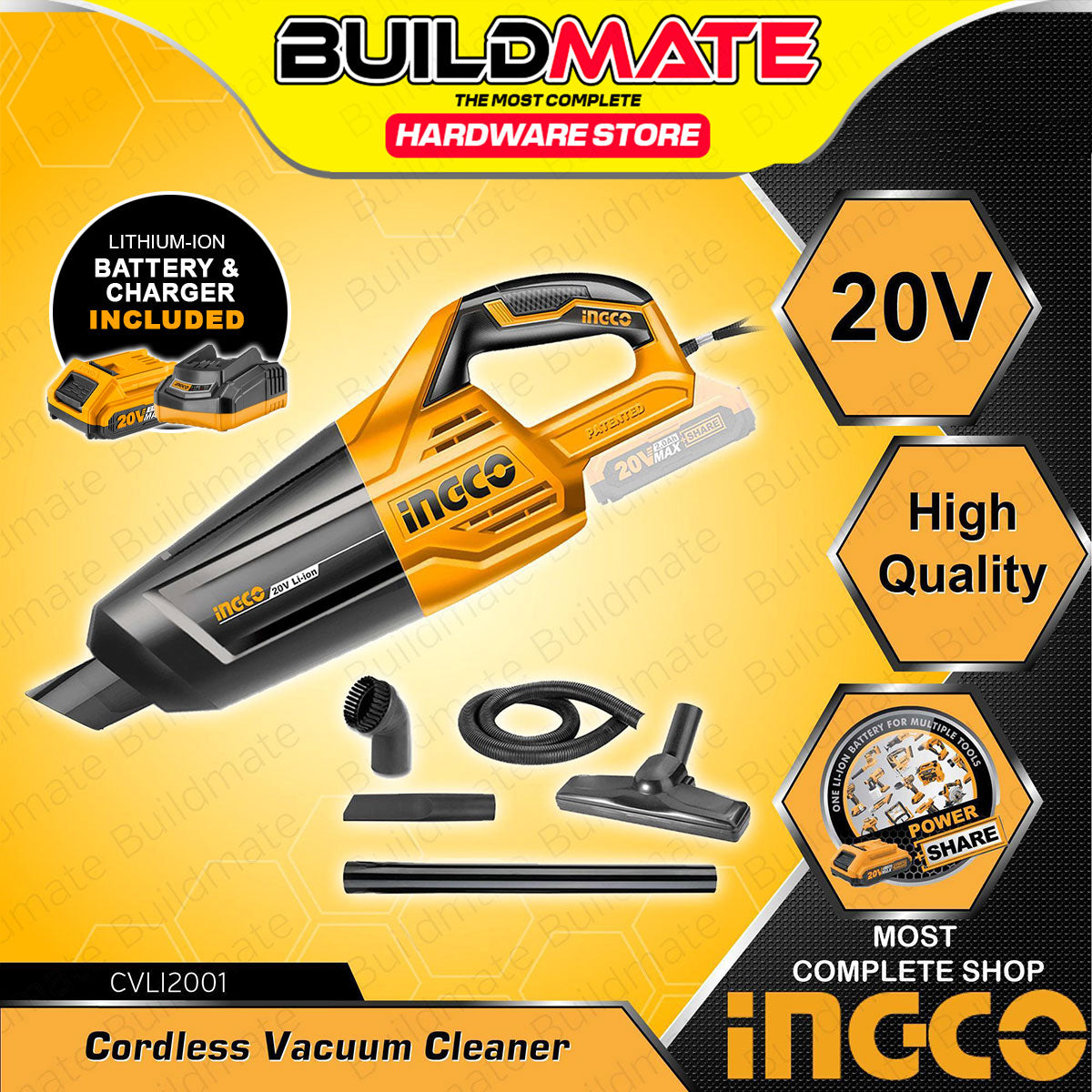 INGCO Cordless Wireless Vacuum Cleaner 20V CVLI2001 POWERSHARE +FREE B ...