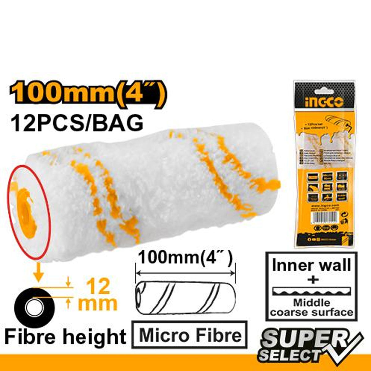 BUILDMATE Ingco 12PCS 4" Inch Roller Cover Inner Wall Cylinder Brush P ...