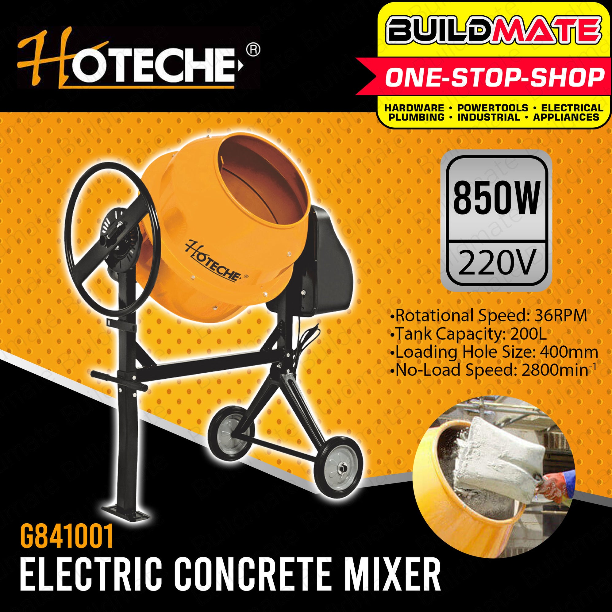 BUILDMATE Hotche 0.5HP 850W Electric Concrete Mixer 24" Inch Drum Mixi ...