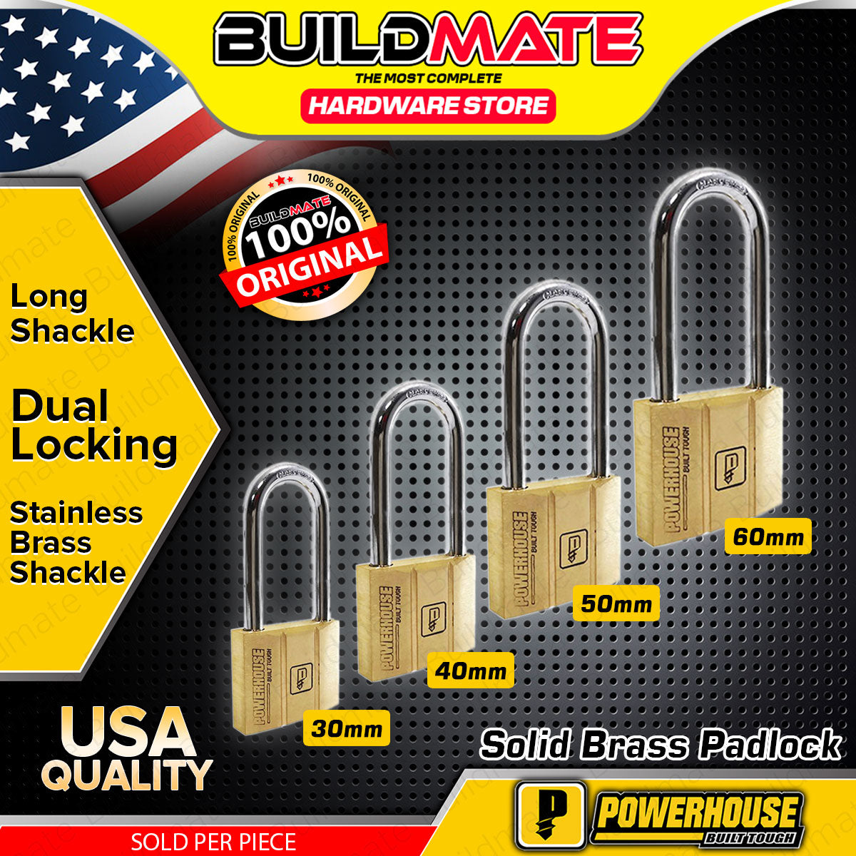 BUILDMATE Powerhouse Solid Brass Padlock LONG Shackle 40MM - 60MM Anti ...