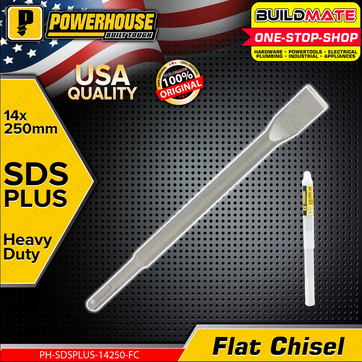 BUILDMATE Powerhouse Pointed / Flat SDS Plus Chisel 14mm x 250mm for M — Buildmate