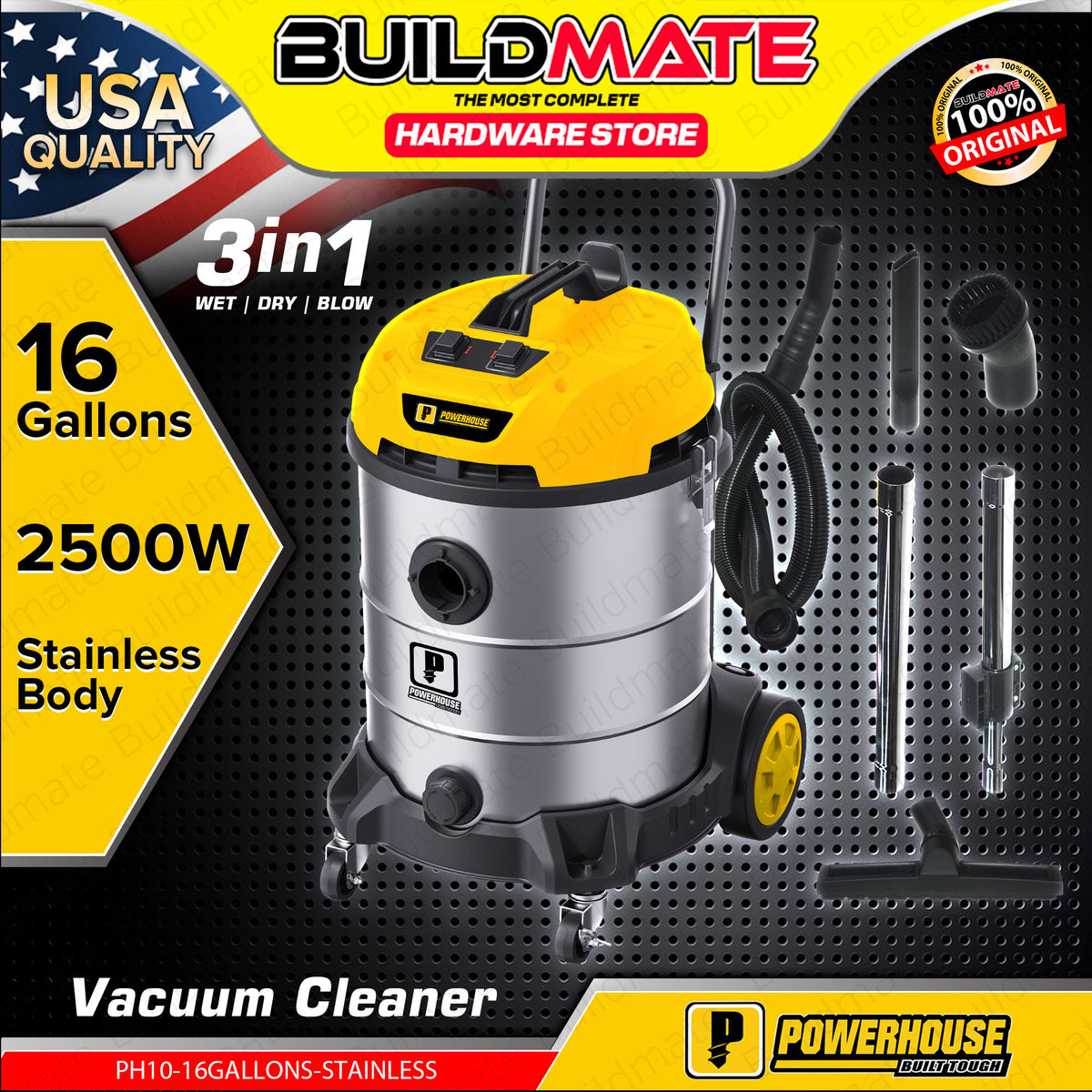 PowerHouse Wet & Dry Vacuum Cleaner Stainless Body 2,500W 16 Gallons I ...