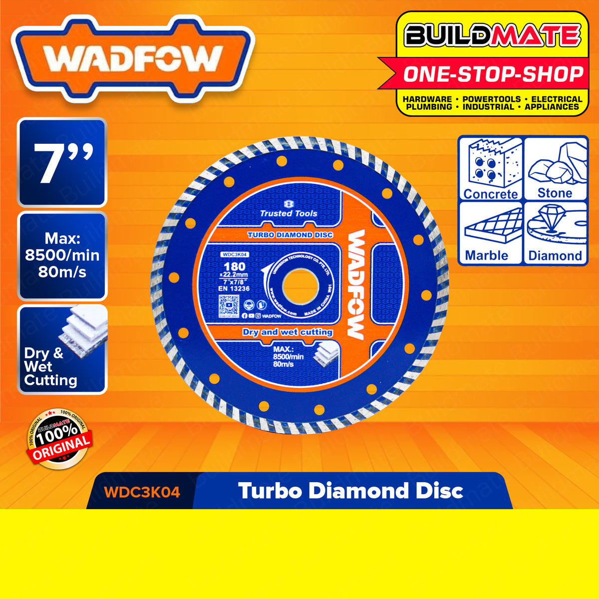 WADFOW Turbo Diamond Disc 7" Inch Diamond Cutting Disc Wheel Dry & Wet ...