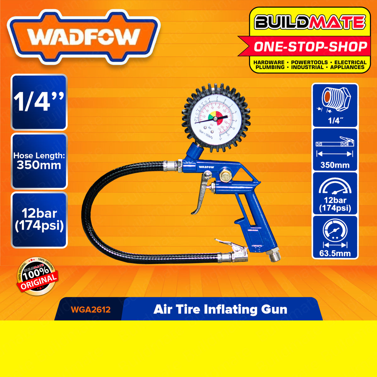 WADFOW Air Tire Inflating Gun 1/4" Inch 174PSI Air Inflator Air Pressu ...