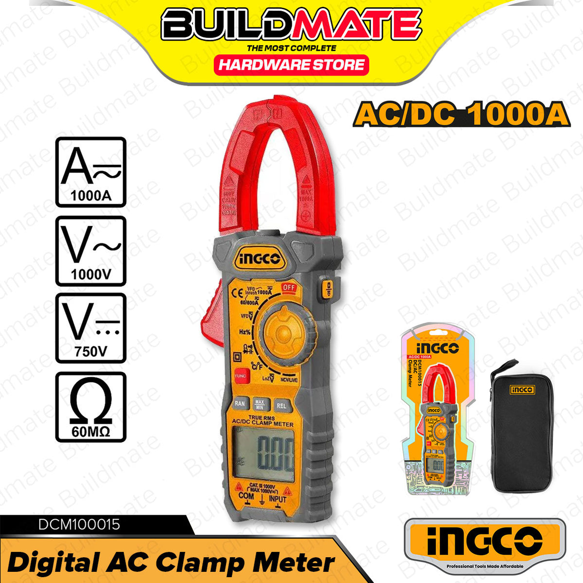 INGCO Digital AC Clamp Meter 1000Amp 6000C AC Current AC/DC Voltage Vo ...