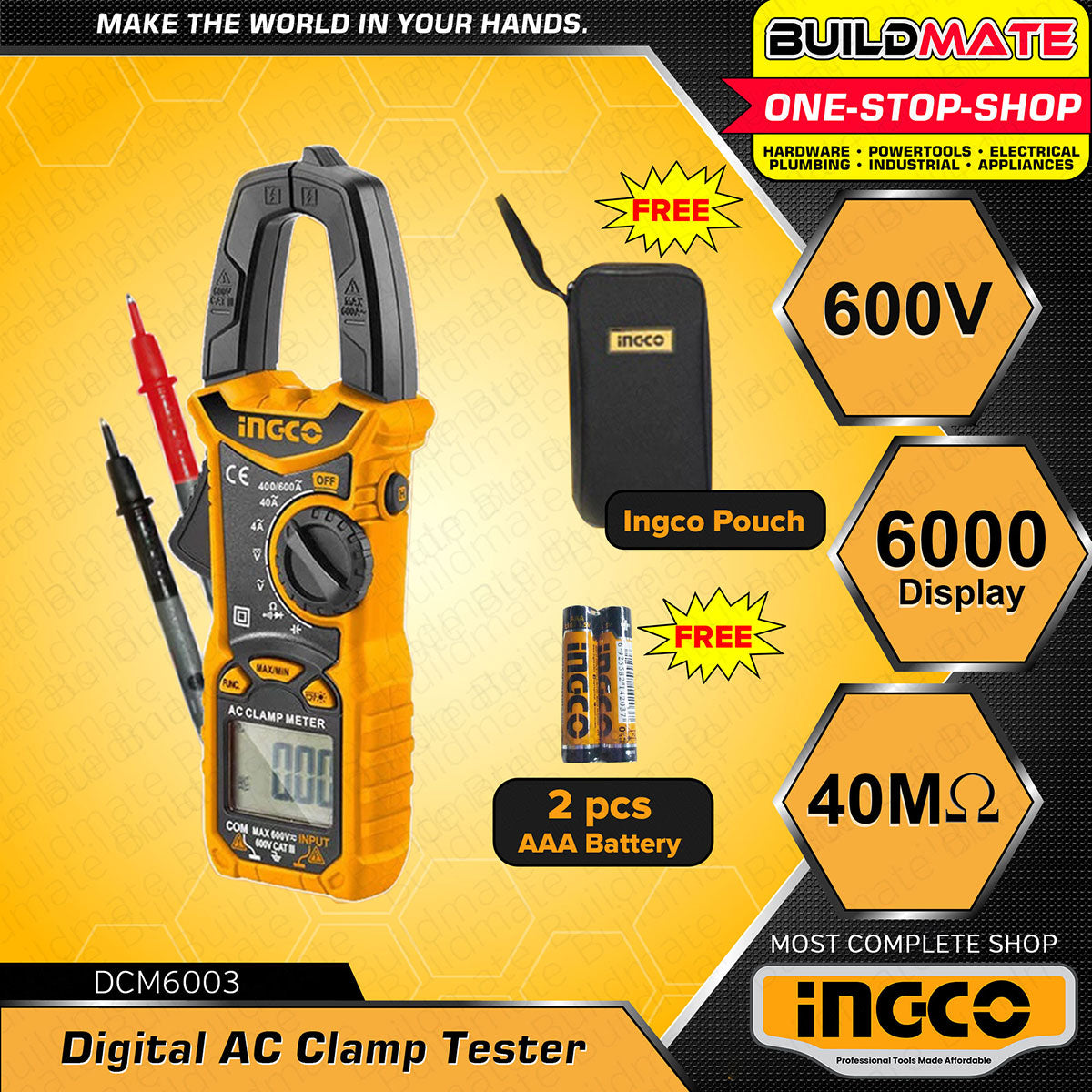 BUILDMATE Ingco Digital Clamp Meter Tester True RMS 6000 Counts Multim ...