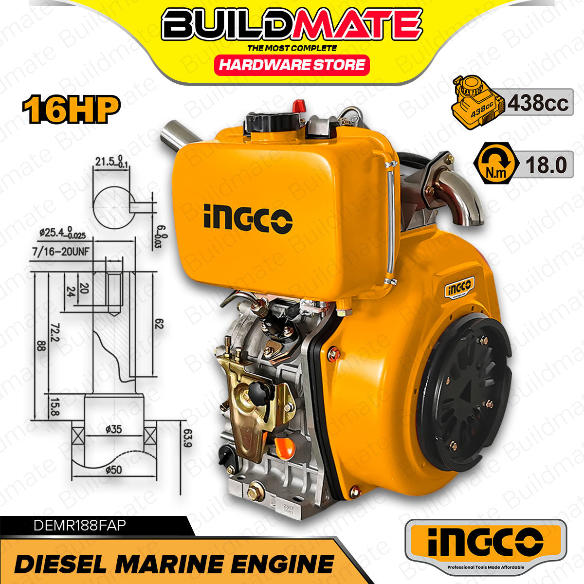 BUILDMATE Ingco 16HP - 20HP Single-Cylinder 4-Stroke Diesel Marine Eng ...