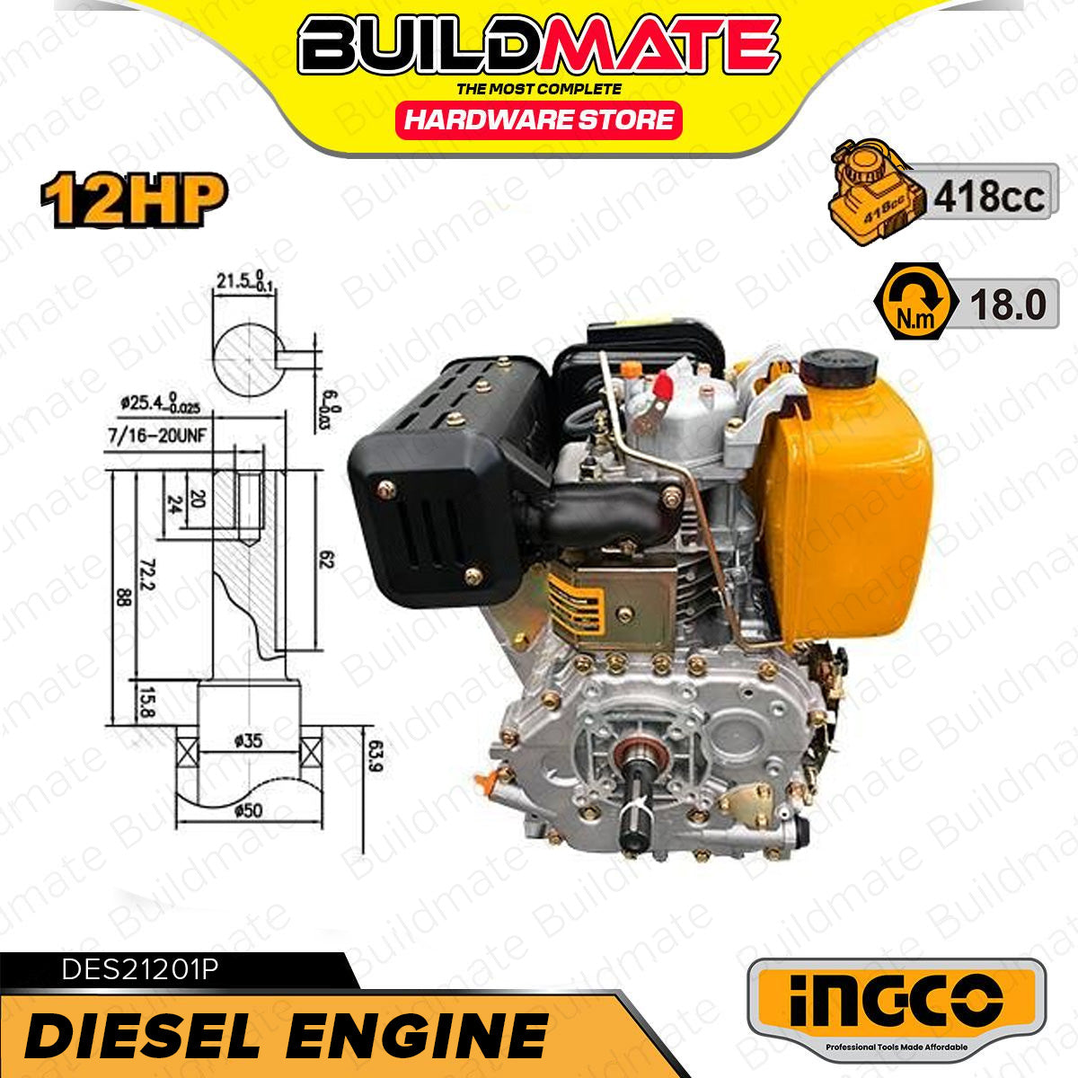 BUILDMATE Ingco 12HP Diesel Engine 4-Stroke 6.3KW Air Cooled DES21201 ...
