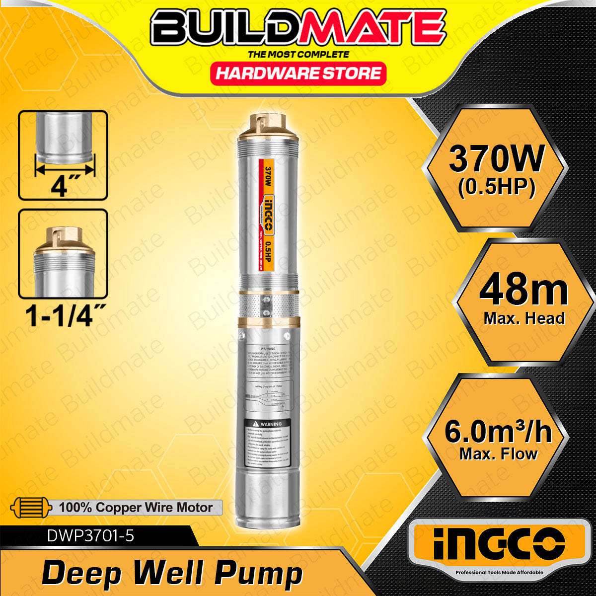 BUILDMATE Ingco 4" Deep Well Pump 0.5hp Stainless Steel Pump Body Bore ...