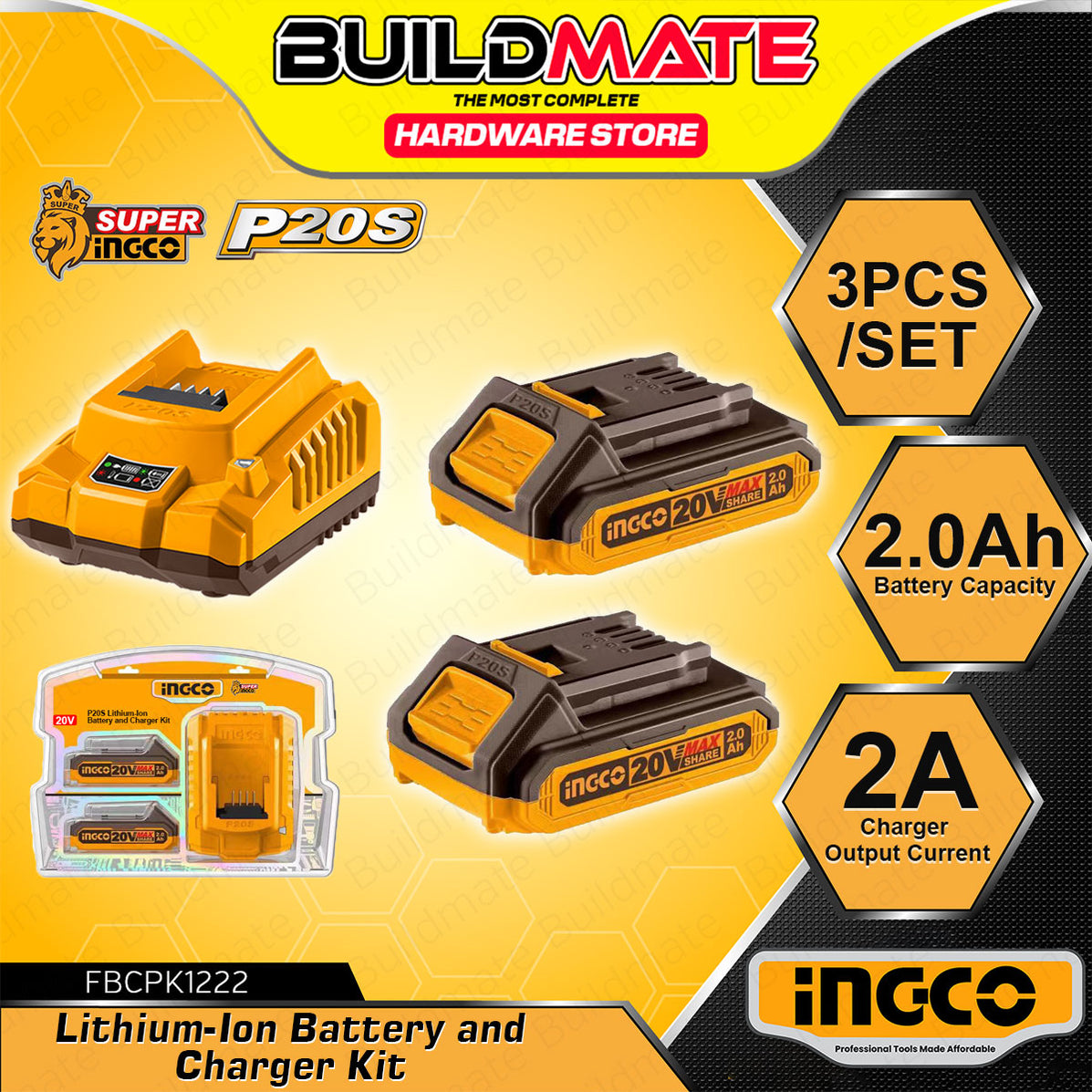 BUILDMATE Ingco P20S Lithium-Ion Battery and Charger Kit 20V Cordless ...
