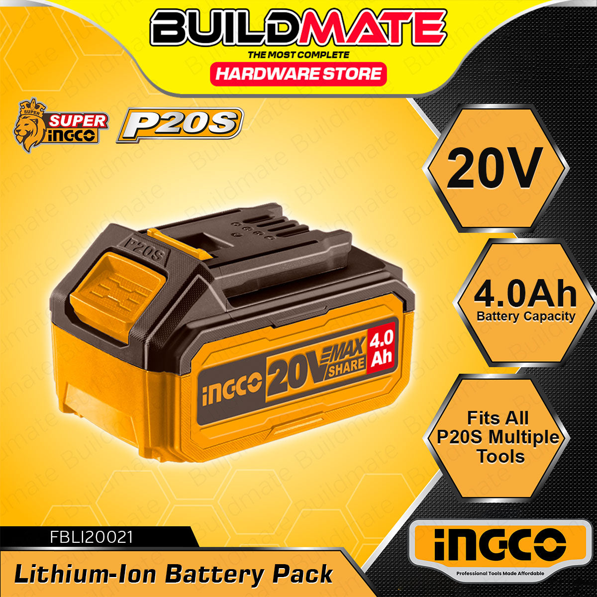 BUILDMATE Ingco 20V Lithium-Ion Battery Pack 4.0Ah Rechargeable Cordle ...