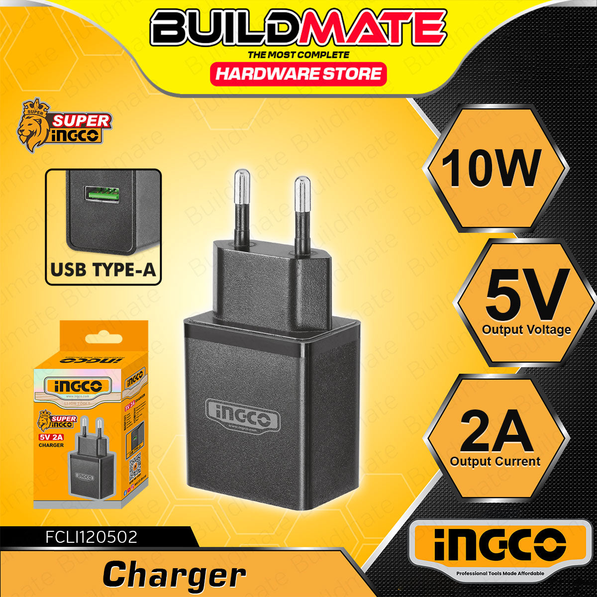BUILDMATE Ingco 5V USB Wall Charger 2A Single Port Type-A Power Adapte ...