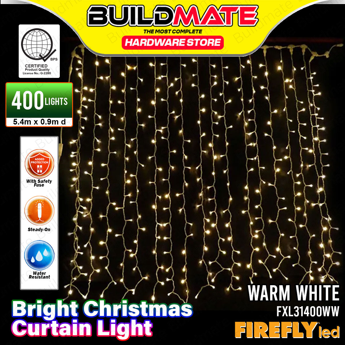 BUILDMATE Firefly LED Bright Christmas Curtain Light Warm White 400 Li — Buildmate