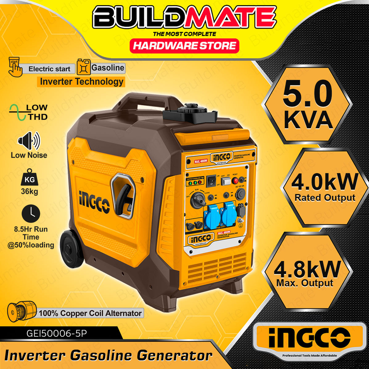 BUILDMATE Ingco 6.3L 3800W Inverter Gasoline Generator Copper Coil Alt ...