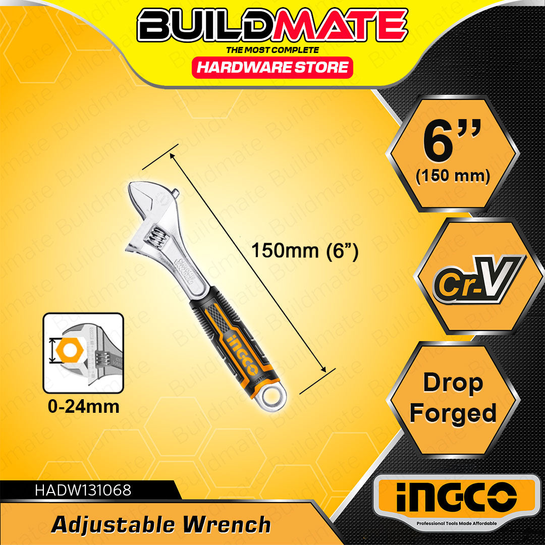 BUILDMATE Ingco 6" - 12" Inch Adjustable Wrench Cr-V Heavy Duty Hand R ...