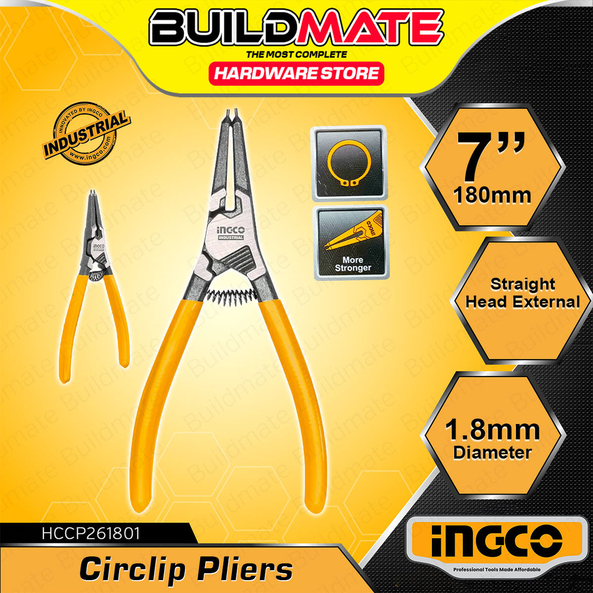 BUILDMATE Ingco Circlip Pliers 7" Inch / 180mm Bent Head Internal SOL ...