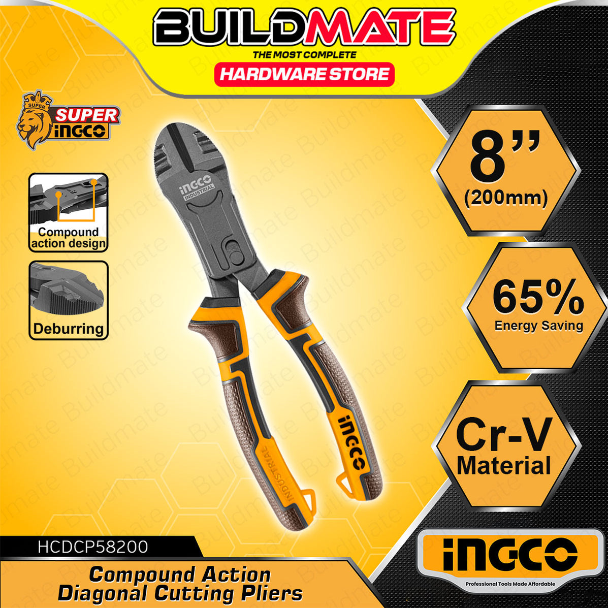 BUILDMATE Ingco Compound Action Diagonal Cutting Pliers 8" / 9" Wire C ...