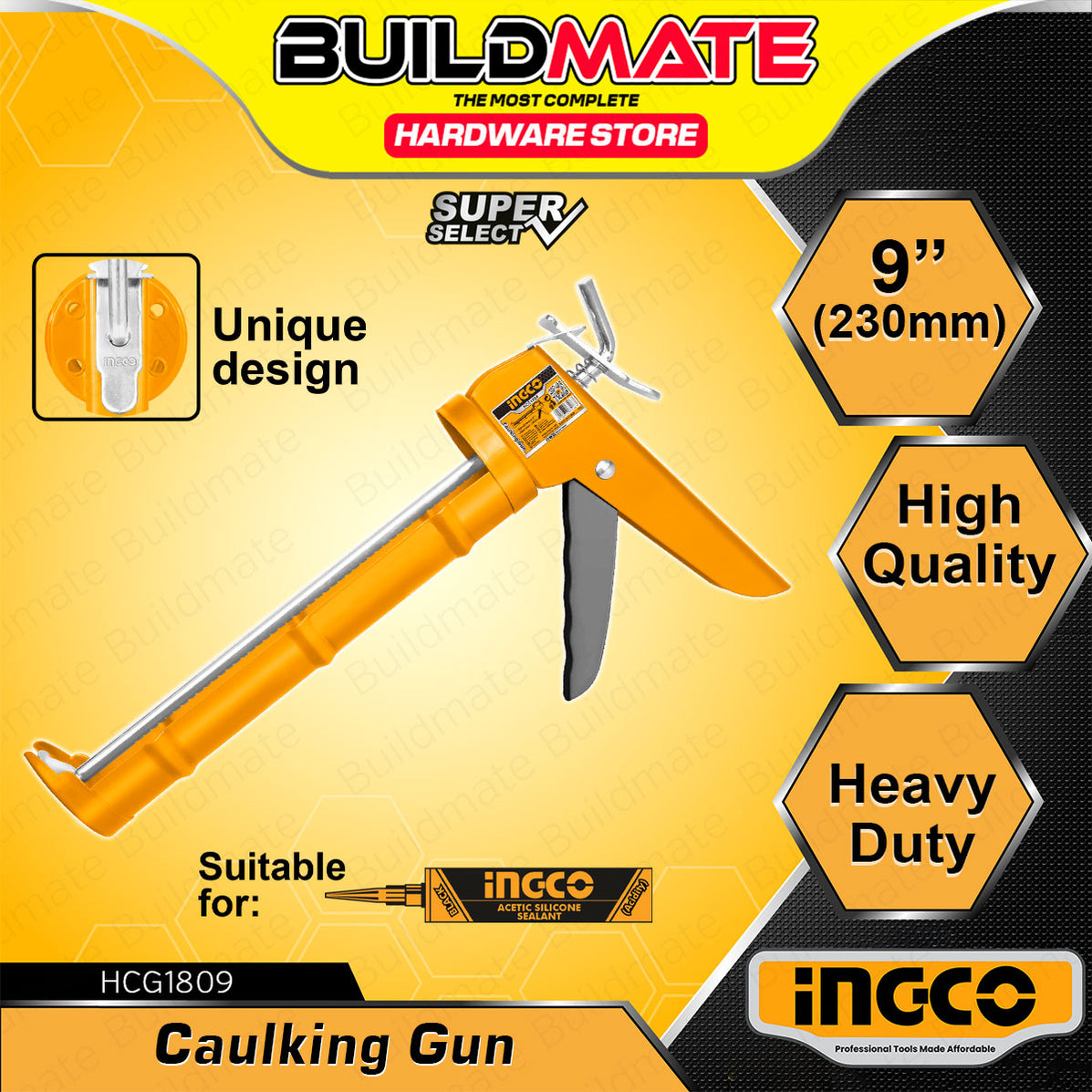 BUILDMATE Ingco 9" Inch Caulking Gun 230mm - 235mm Silicon Sealant Cau ...