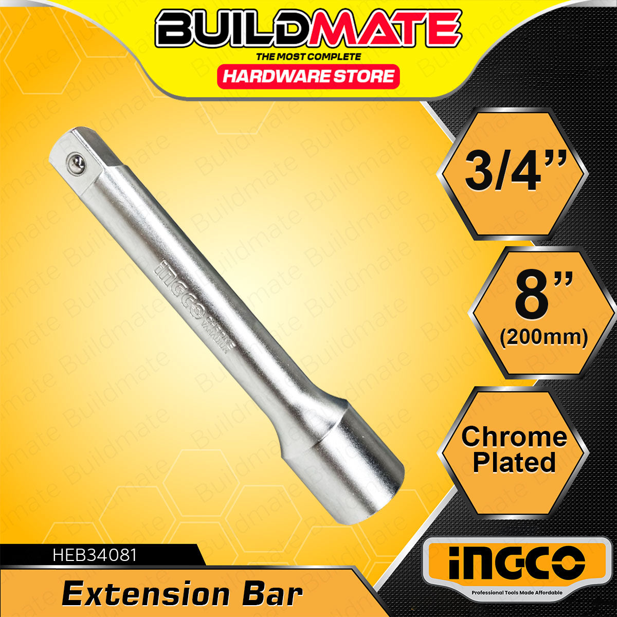 BUILDMATE Ingco 3/4" Extension Bar 200mm Chrome Plated Socket Ratchet ...