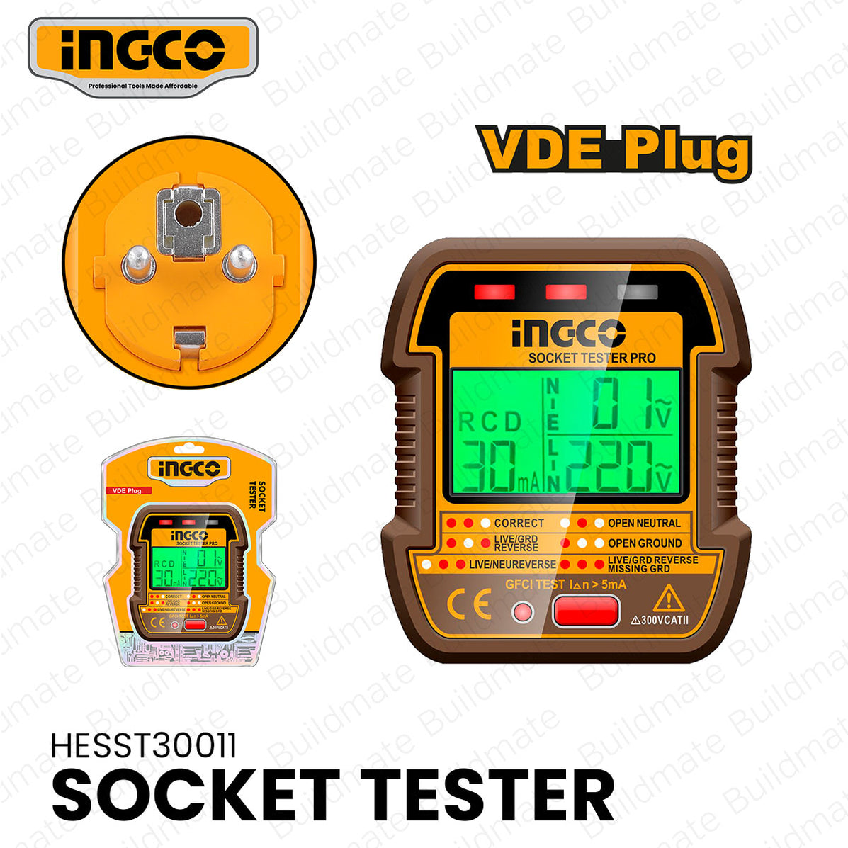 BUILDMATE Ingco AC 90-250V Digital Socket Tester VDE Plug Electrical P ...